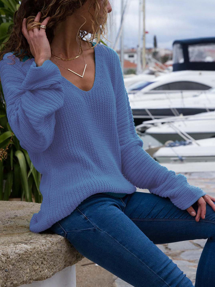 Blue Standard Loose Casual Plain Polyester Sweater Style V100992 Blue Standard Loose Casual Plain Polyester Sweater Style V100992